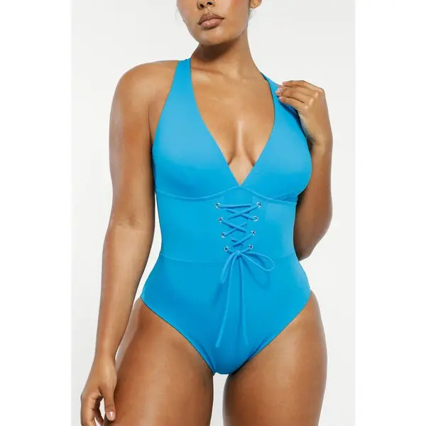 SHAPELLX Smart Sculpt Plunge Corset Shaping Swimsuit - Blue Blossom