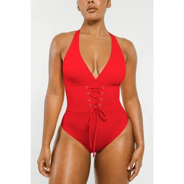 SHAPELLX Smart Sculpt Plunge Corset Shaping Swimsuit - Cherry Red