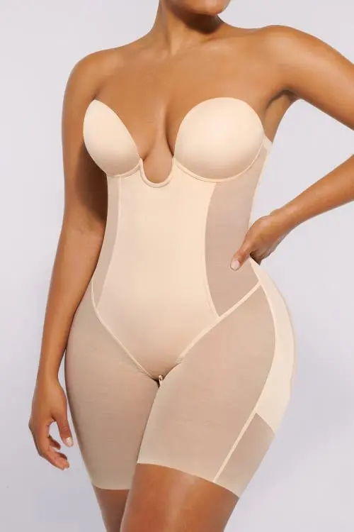 SHAPELLX Deep Plunge Butt Lifting Shaping Bodysuit - Beige