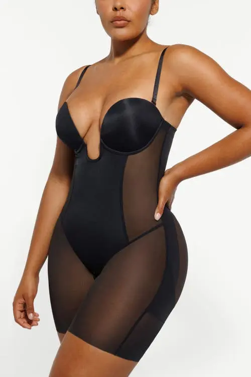 SHAPELLX Deep Plunge Butt Lifting Shaping Bodysuit - Matte Black