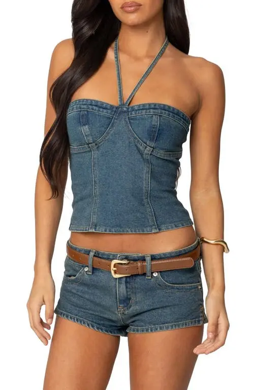 EDIKTED Jagger Denim Bustier Halter Top