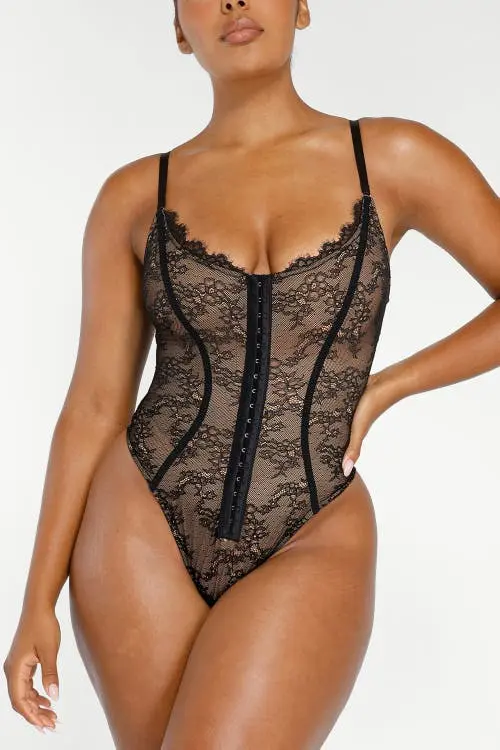 SHAPELLX Lace Thong Bodysuit - Jet Black