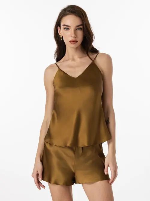 SILKSILKY Spaghetti Strap Pure Silk Camisole Set - Coffee