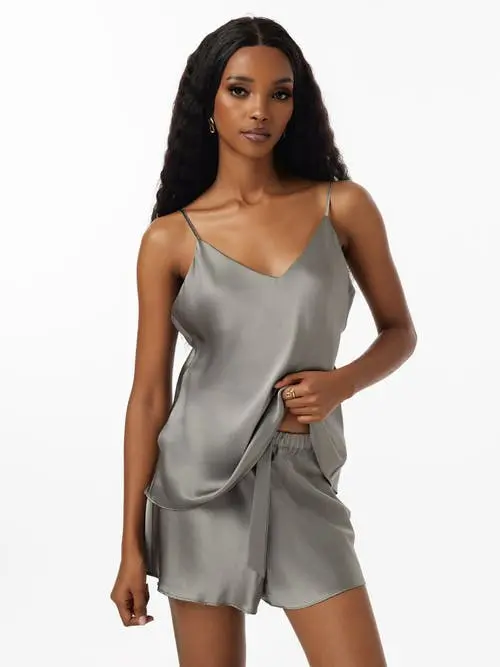 SILKSILKY Spaghetti Strap Pure Silk Camisole Set - Darkgray