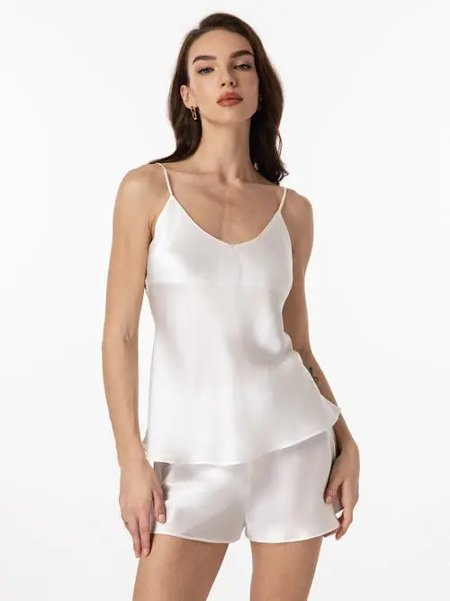 SILKSILKY Spaghetti Strap Pure Silk Camisole Set - White