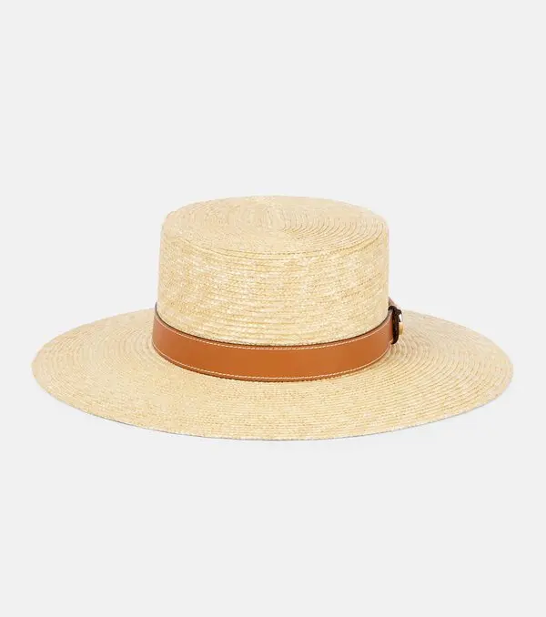 Gucci Gg Leather-trimmed Straw Boater Hat - Beige