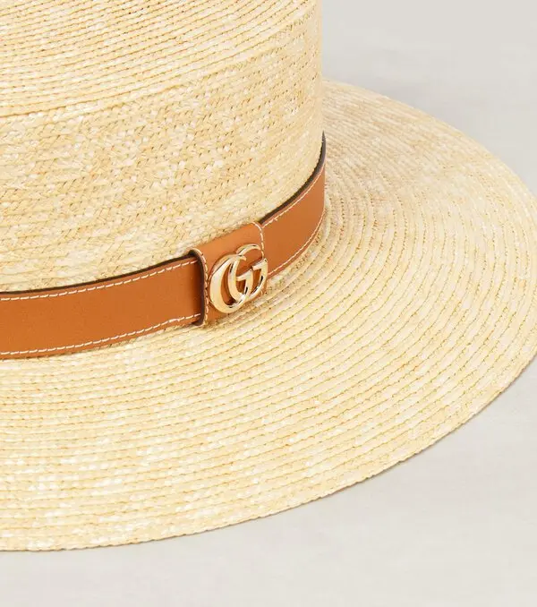 Gucci Gg Leather-trimmed Straw Boater Hat