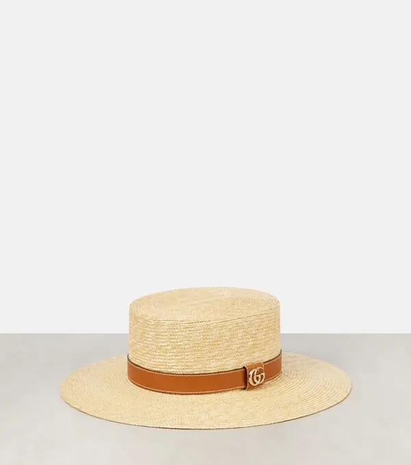 Gucci Gg Leather-trimmed Straw Boater Hat