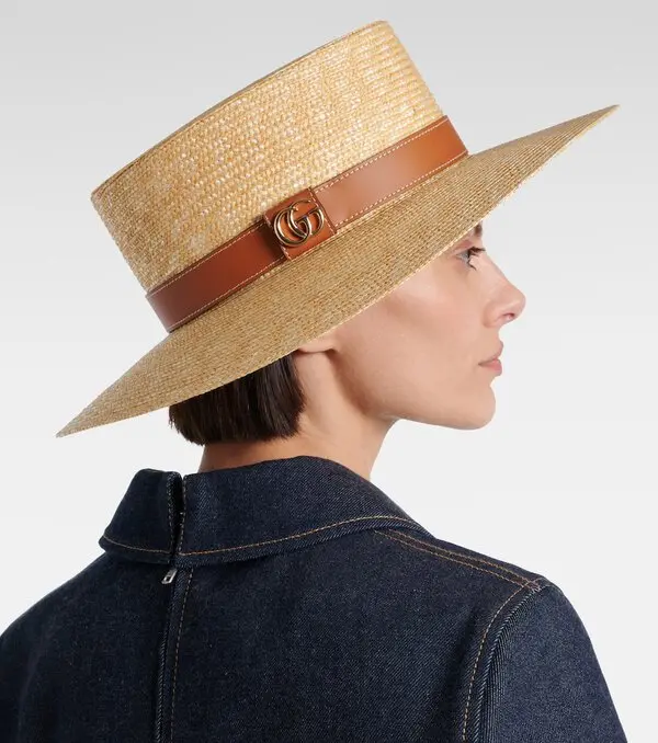 Gucci Gg Leather-trimmed Straw Boater Hat