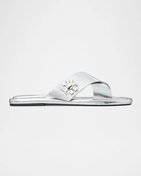 Tory Burch Crisscross Medallion Slide Sandals - Shiny Silver