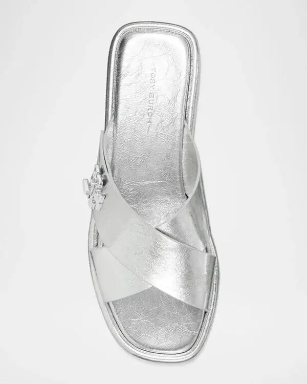 Tory Burch Crisscross Medallion Slide Sandals - Shiny Silver