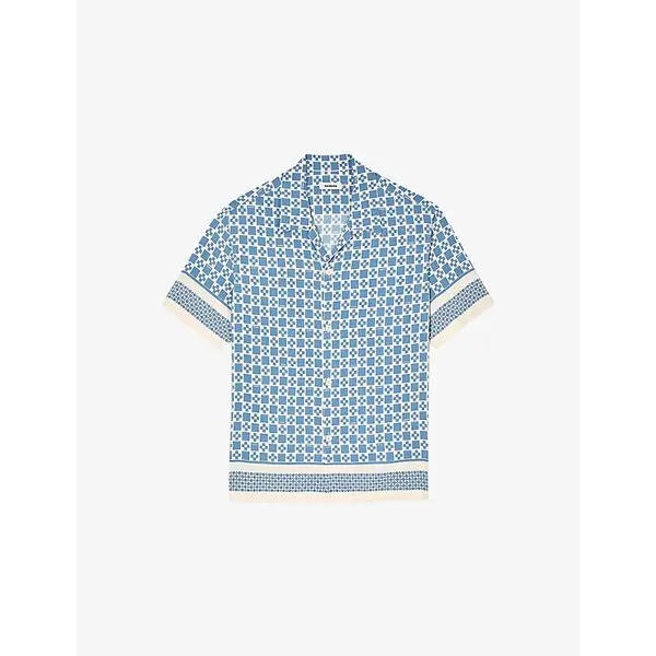 Sandro Square Cross-print Short-sleeve Satin Shirt - Bleus