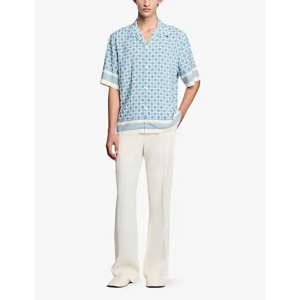 Sandro Square Cross-print Short-sleeve Satin Shirt - Bleus