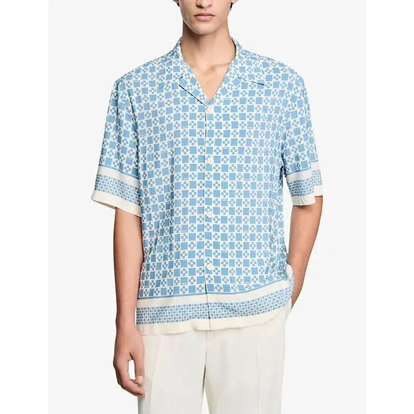 Sandro Square Cross-print Short-sleeve Satin Shirt - Bleus