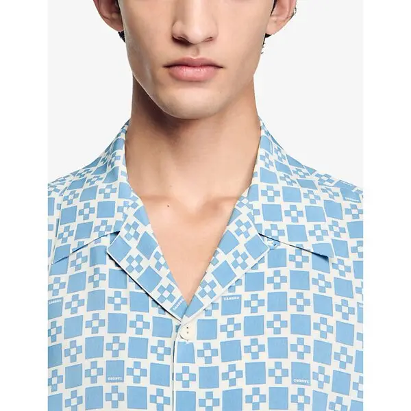 Sandro Square Cross-print Short-sleeve Satin Shirt - Bleus