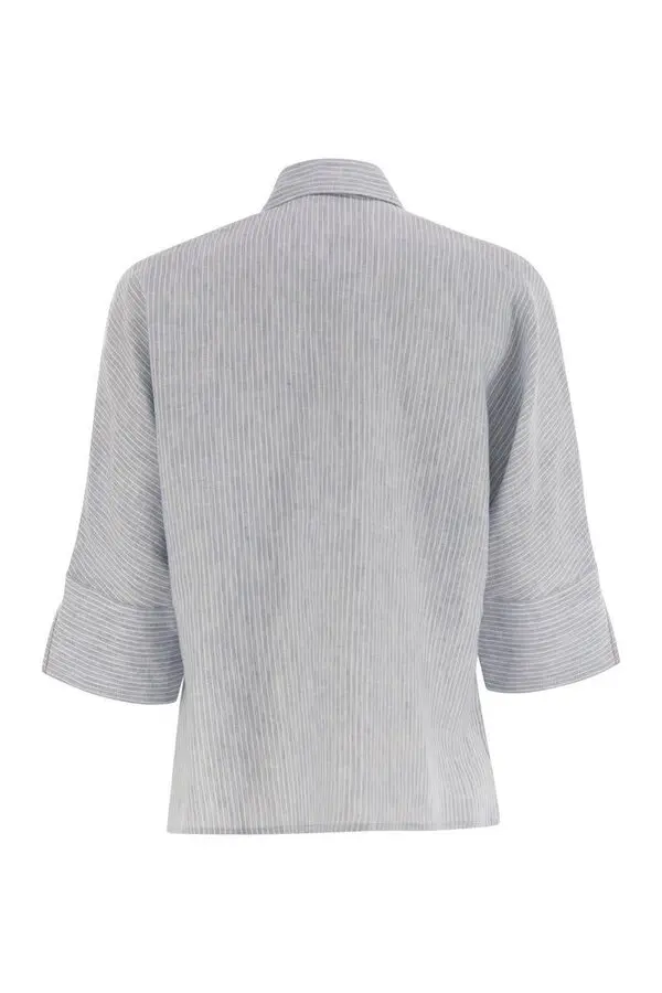 Peserico Pure Linen Striped Canvas Shirt In Blue - 45% Off