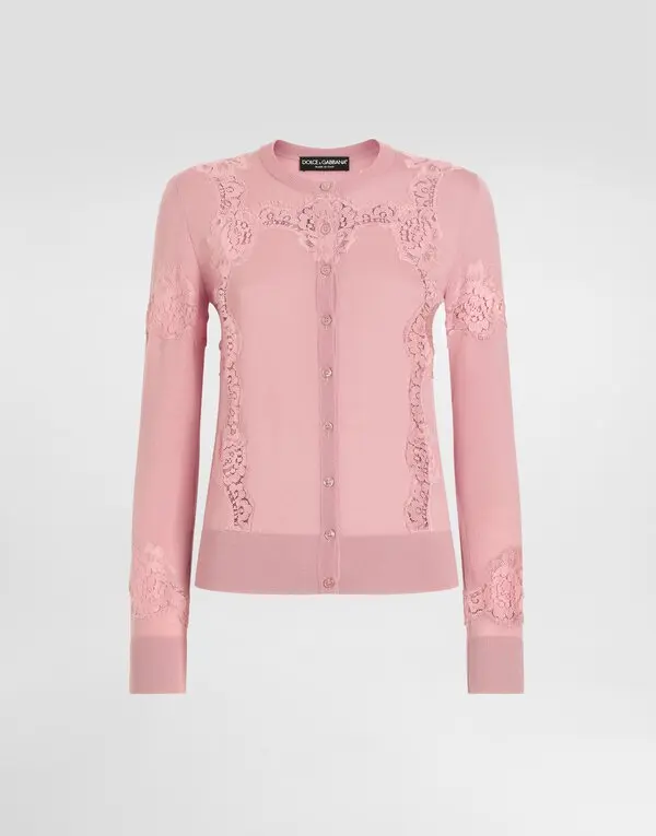 Dolce & Gabbana Wool Cardigan With Lace Inlay - Pink
