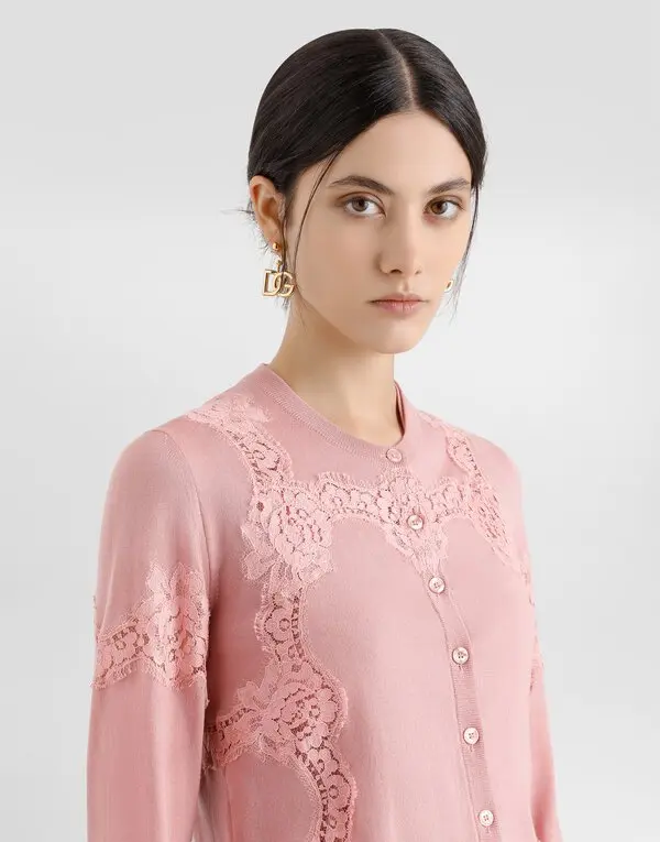 Dolce & Gabbana Wool Cardigan With Lace Inlay - Pink