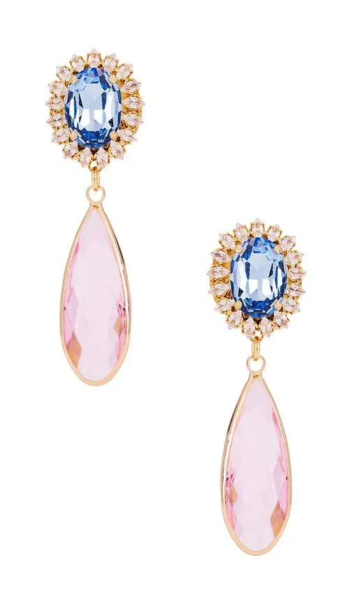 ANTON HEUNIS Stud Clip Oval & Tear Pendant Earrings - Blue  Pink  Crystal & Gold
