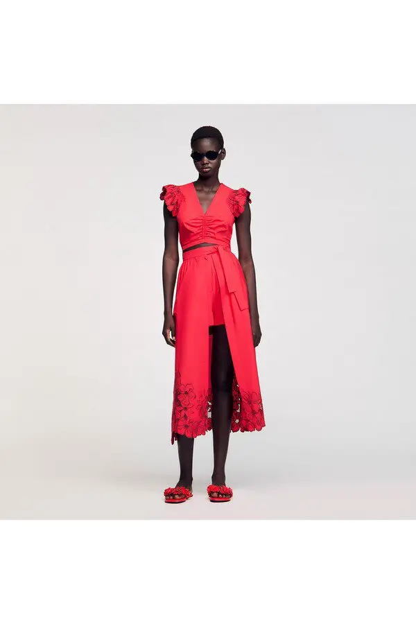 Sandro Crop Top With Embroidered Sleeves In Red - 20% Off | Editorialist