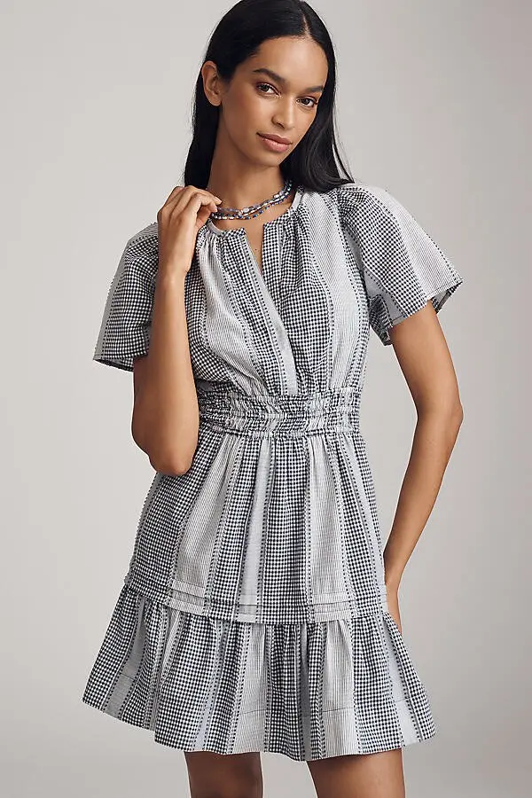 anthropologie blue gingham dress Anthropologie Women's V-Neck Short Sleeve Fit and Flare Plaid Blue Dre –  Luxe Fashion Finds main image 1