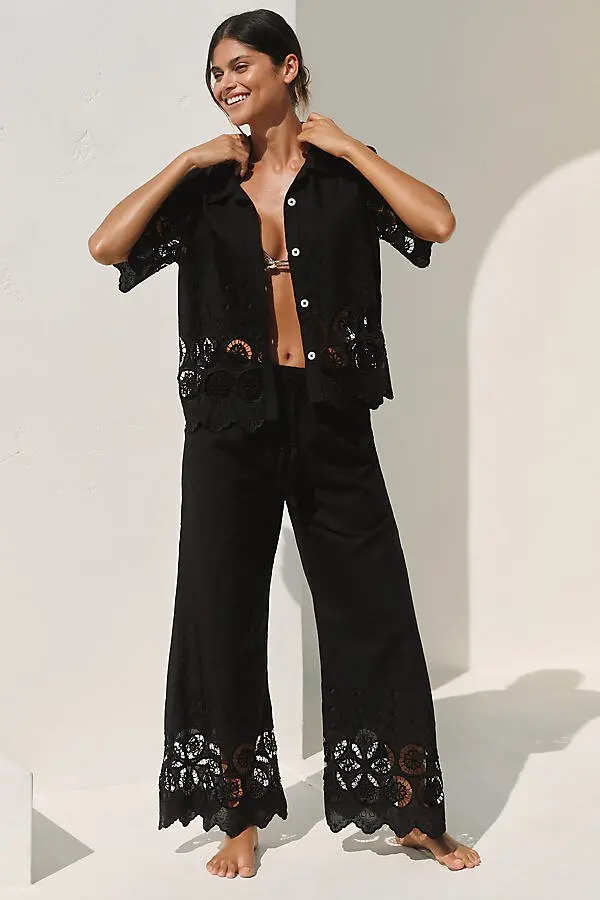 MAHILA Embroidered Cutwork Wide-leg Pants