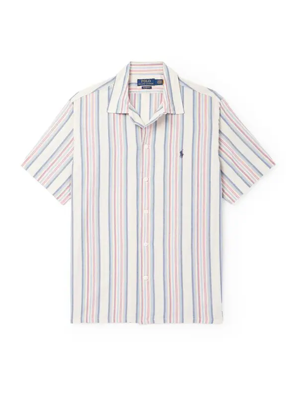 Ralph Lauren Convertible-collar Logo-embroidered Striped Cotton-chambray Shirt - Gray