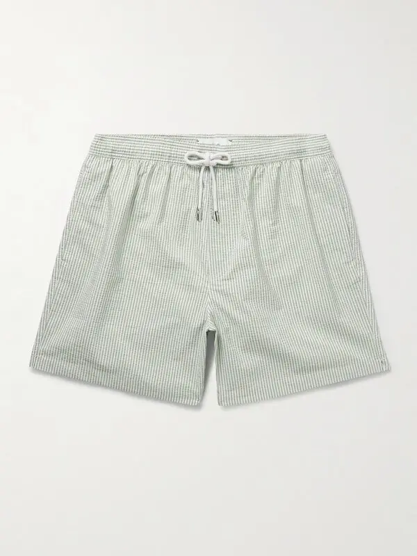 Mr P. Straight-leg Striped Seersucker Swim Shorts - Green