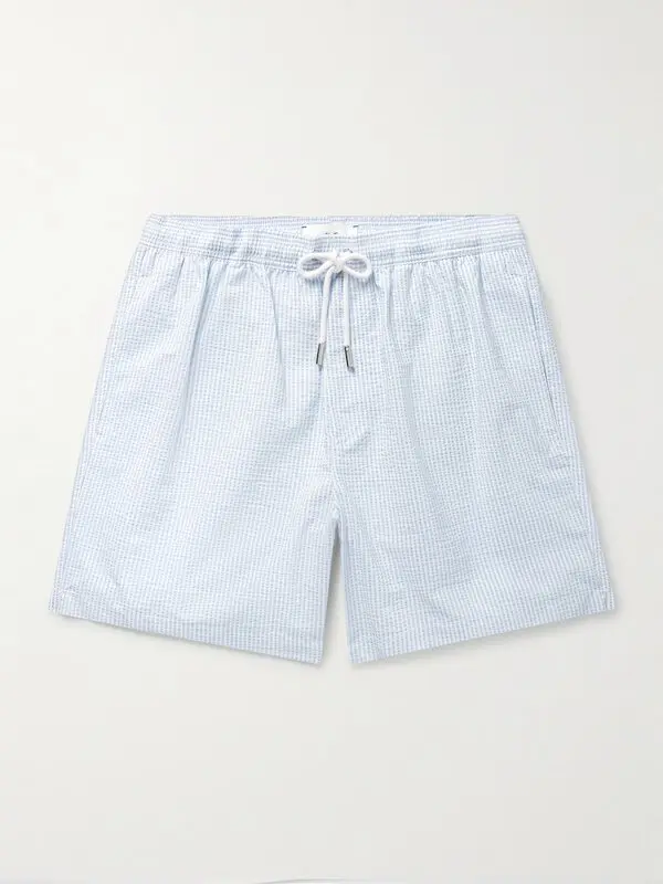 Mr P. Straight-leg Mid-length Striped Seersucker Swim Shorts - Blue
