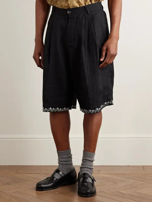 KARTIK RESEARCH Straight-leg Embroidered Linen Shorts