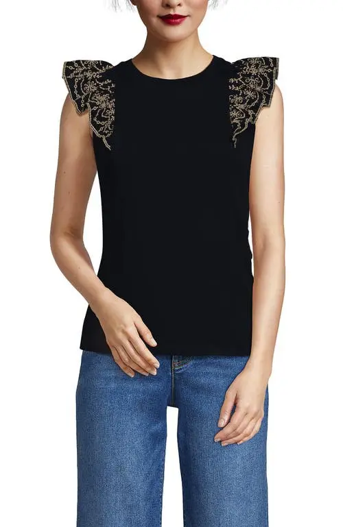 LANDS' END Embroidered Ruffle Tank - Black