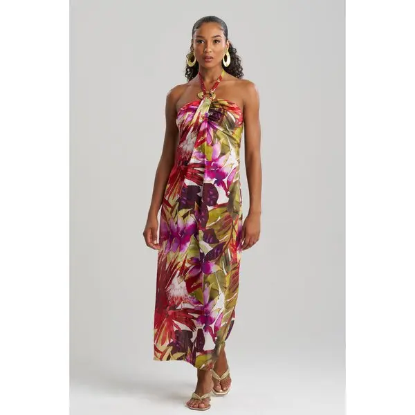 Natori Rainforest Maxi Cover-up Halter Dress With Brass Ring - Multi