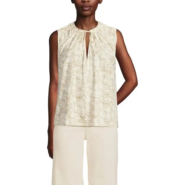 LANDS' END Linen Blend Notch Neck Swing Tank Top - Champagne Leaf Scroll