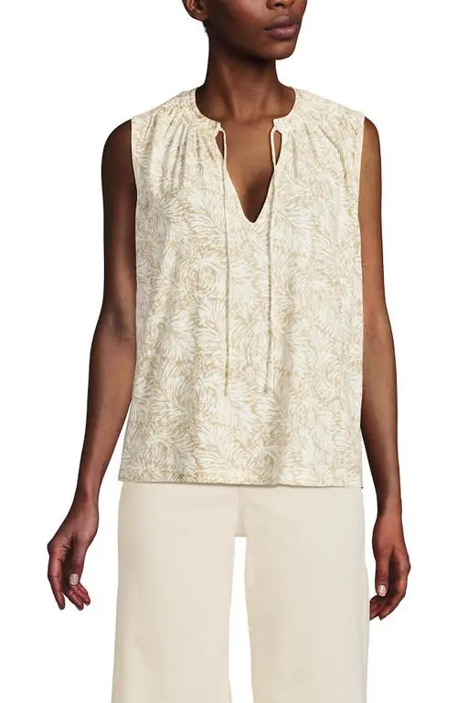 LANDS' END Linen Blend Notch Neck Swing Tank Top - Champagne Leaf Scroll