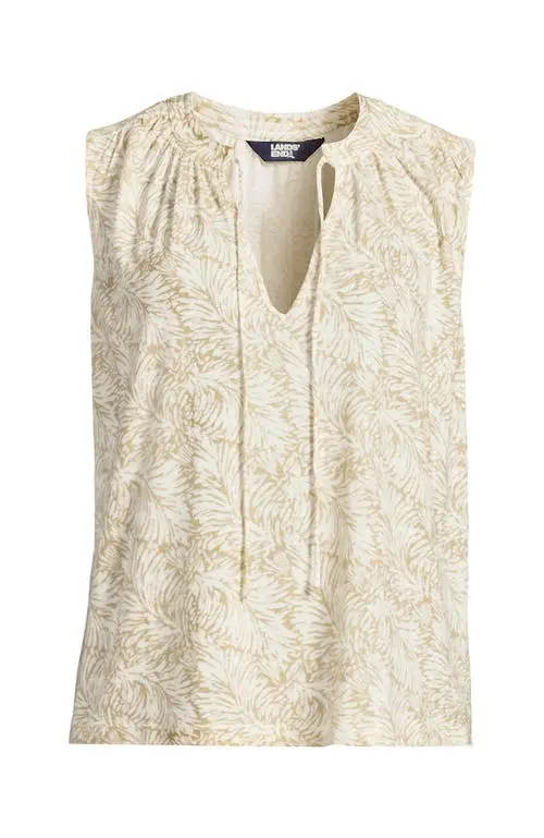 LANDS' END Linen Blend Notch Neck Swing Tank Top - Champagne Leaf Scroll