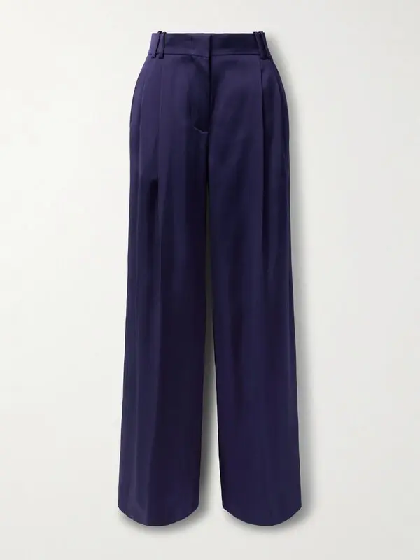 Another Tomorrow Pleated Satin Wide-leg Pants - Blue