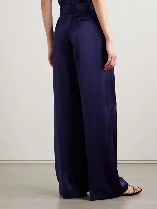 Another Tomorrow Pleated Satin Wide-leg Pants - Blue
