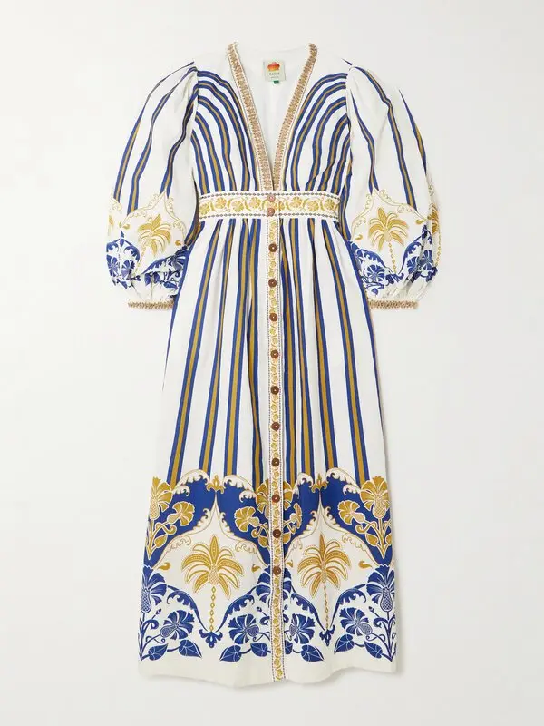 Farm Rio Embellished Printed Linen-blend Midi Dress - Neutrals