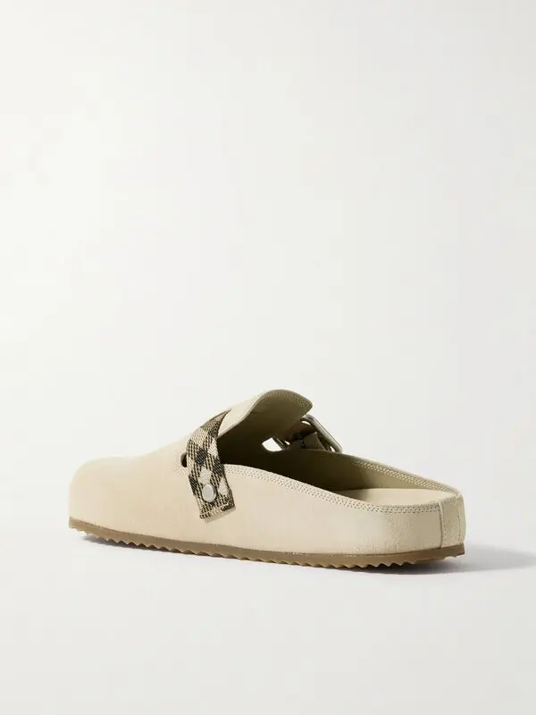 Burberry Checked Jacquard-trimmed Buckled Suede Clogs