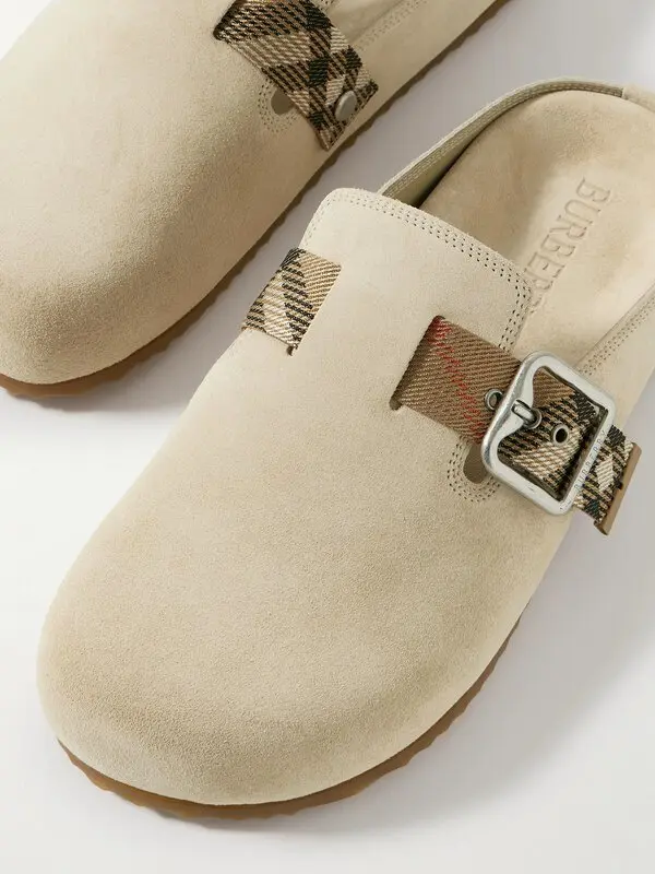 Burberry Checked Jacquard-trimmed Buckled Suede Clogs