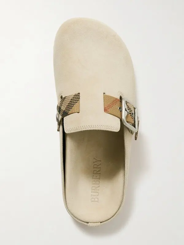 Burberry Checked Jacquard-trimmed Buckled Suede Clogs