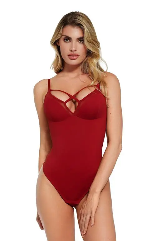 POPILUSH Shapewear Sheer Mesh Sleeveless Bodysuit - Maroon