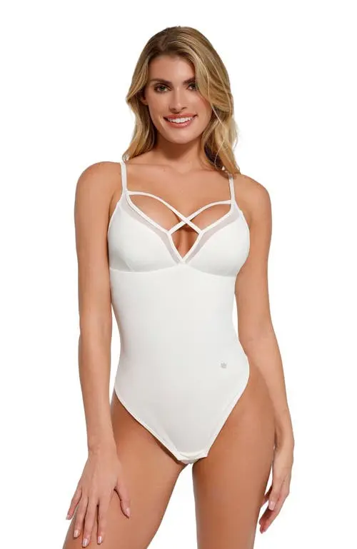 POPILUSH Shapewear Sheer Mesh Sleeveless Bodysuit - White