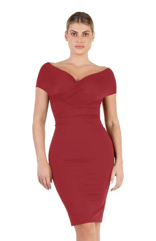 POPILUSH Shapewear Ruched Off-shoulder Sculpting Midi Dress - Maroon