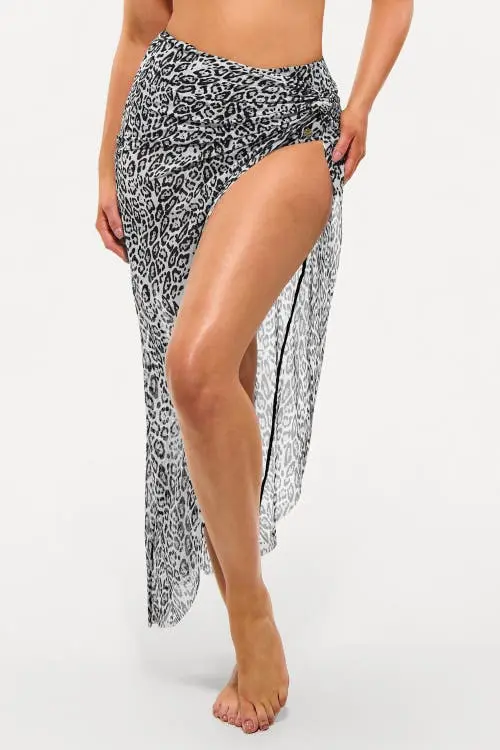POPILUSH Resort Swimwear Mesh Asymmetrical Sarong Coverup - White Leopard