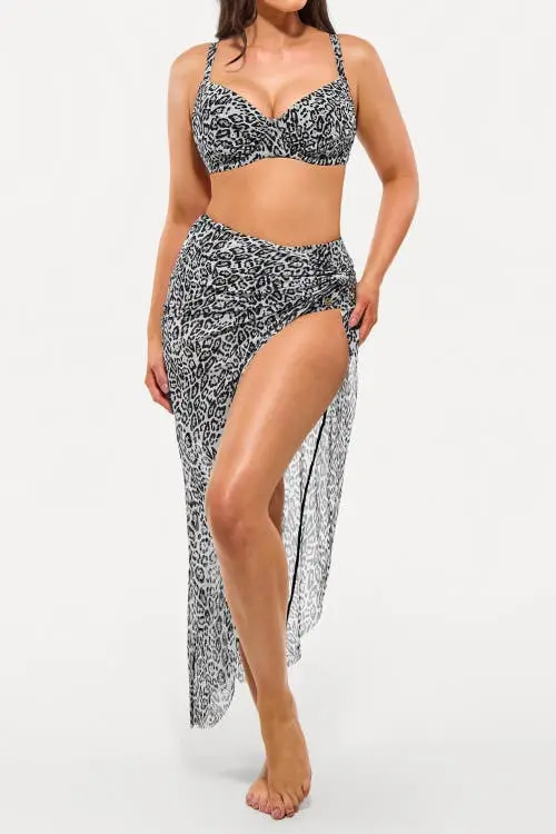 POPILUSH Resort Swimwear Mesh Asymmetrical Sarong Coverup - White Leopard
