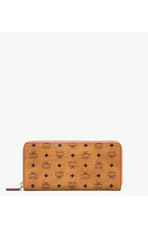 Mcm Aren Zip Around Wallet In Visetos - Cognac