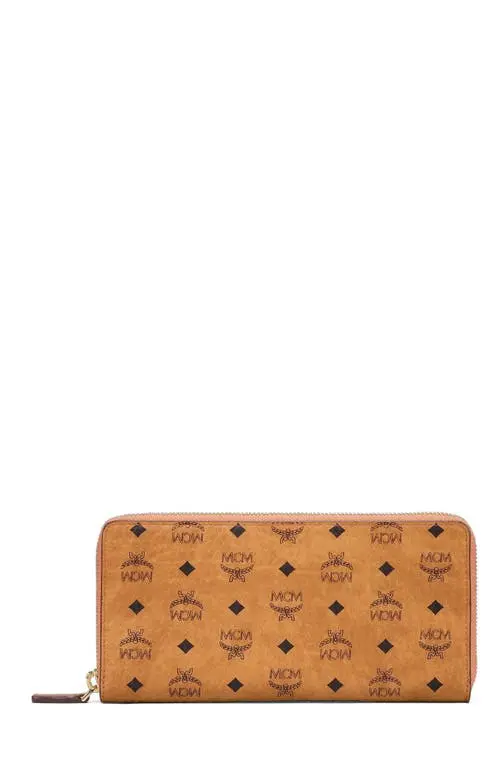Mcm Aren Zip Around Wallet In Visetos - Cognac