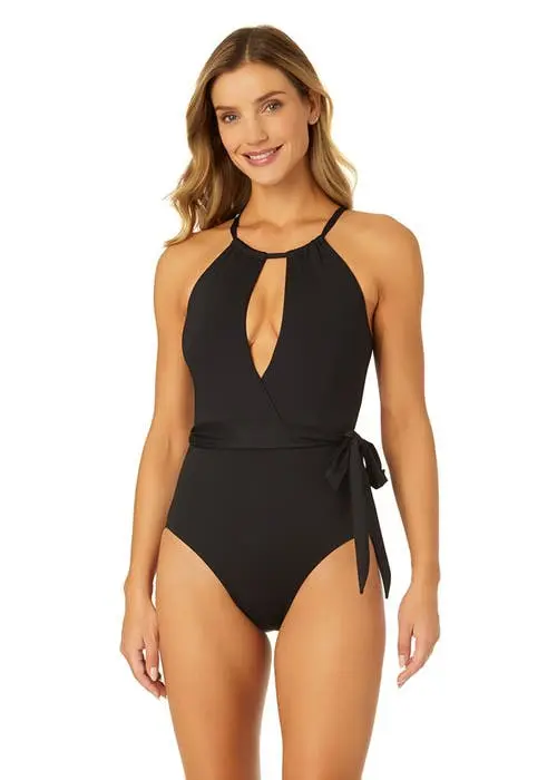 ANNE COLE High Neck Plunge One-piece Swimsuit - Black