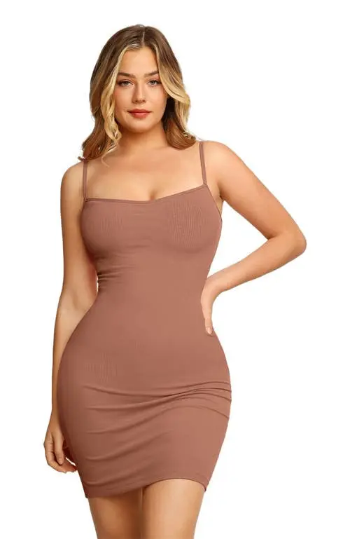 POPILUSH Shapewear Butt Lift Mini Slip Dress - Caramel